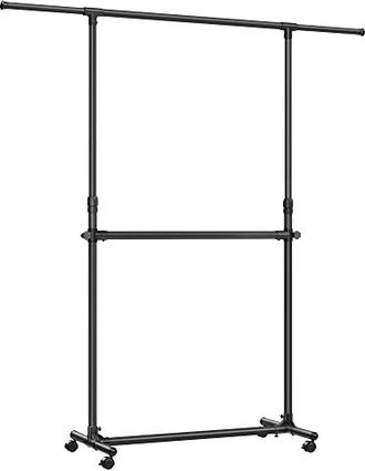 Songmics Kleiderständer mit 2 Kleiderstangen, ausziehbare Garderobenstange, mit Rollen, Garderobenständer, höhenverstellbar zwischen 113 und 180 cm, untere Sta