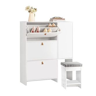 SoBuy Armoire &agrave; Chaussures Commode &agrave; Chaussures avec 1 Tabouret, 1 Porte et 3 abattants, Meuble dentr&eacute;e Coffre Rangement pour Chaussures avec Tabouret &agrave; Cha