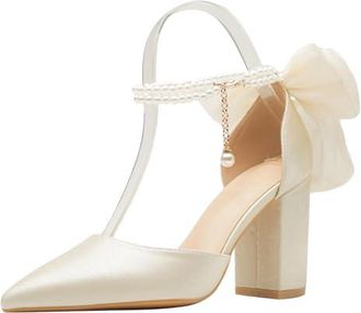 Generic Qynthra Escarpins de Mariage élégants pour Femme - Satin avec Bride Cheville Perle & noeud, Bout Pointu Talon Bloc pour cérémonie & réception,Almond 8