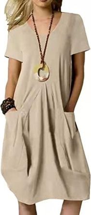 Onsoyours Femme Coton Robe Ete à Manche Courte Robe Tunique Chic col Rond Couleur Unie Boho Robe Maxi Longue Plage Robe avec Poches A Kaki XXL