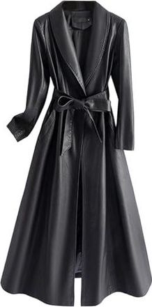 Generic Trench en similicuir pour femme - Longueur mi-longue - Manches longues - Bouton - Pour motard - Tendance - Avec ceinture, Noir, XXL