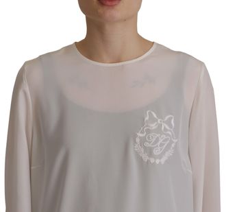 Dolce & Gabbana Womens White Silk Dg Logo Embroidered Long Sleeves Blouse