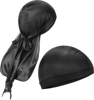 Syhood 2 St&uuml;cke Durag Seidenhaube Seiden-Wellenkappe Men Kappen Bandana Elastische Bonnet Wave Cap Kopfwickel, Schwarz