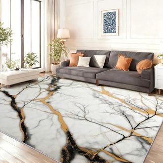 Generic Tapis de Salon 140 x 200 cm, Blanc Tapis Lavable &agrave; Poils Courts antid&eacute;rapant Doux, Motif Minimaliste Branches Lignes Marbre, pour Chambre denfant Bure