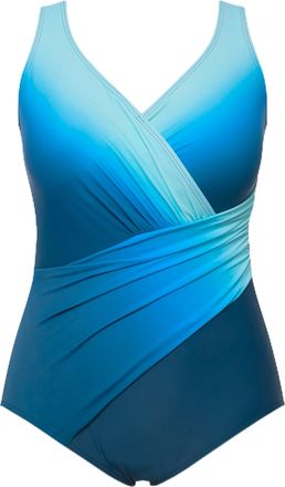 Ulla Popken Damen große Größen Übergrößen Plus Size Badeanzug, Farbverlauf, Softcups, V-Ausschnitt, recycelt Petrol 58 824243750-58