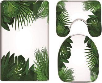A.Monamour Badezimmer Badematte 3 Teilig Set Hinterl&auml;sst Kunsthintergrund des Gr&uuml;nen Dschungels Tropische Bl&auml;tter Abstrakt Flanell Saugf&auml;hig Badteppiche Badvorle