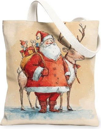 Generic Sacs fourre-tout en toile avec motif renne de No&euml;l, sacs de courses l&eacute;gers et lavables, vintage rustique, toile respectueuse de lenvironnement pour le