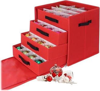 Relaxdays Weihnachtskugel Aufbewahrungsbox, 64 Kugeln, HxBxT: 40 x 36,5 x 36,5 cm, Polyester, Pappe, Kugelkiste, rot