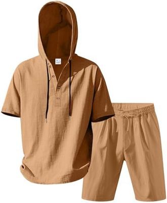 Generic Ensemble d&eacute;t&eacute; 2 pi&egrave;ces en lin pour homme, manches courtes et shorts, confortable de couleur unie, chemise &agrave; capuche, polyvalente, ample, chemise l&eacute;g&egrave;r