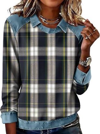 Generic Sweat-shirt l&eacute;ger &agrave; col en denim patchwork pour femme - Style r&eacute;tro - Streetwear - Pour la Saint Patrick, bleu marine, 3XL