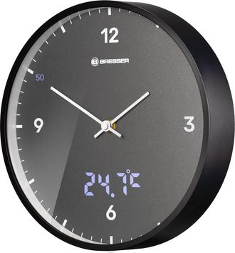 Bresser MyTime Wanduhr mit Funk ohne Tickgeräusche mit 24 cm großem Ziffernblatt, LED Sekundenanzeige, Innentemperatur und geräuschlosem Funkuhrwerk, grau