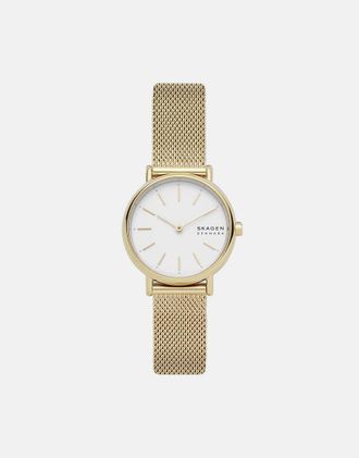 Skagen Signatur Lille - Schmale Damenarmbanduhr aus goldfarbenem Edelstahl mit zwei Zeigern