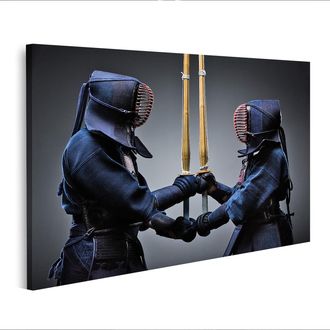 Islandburner Leinwandbild Zwei Kendo Kaempfer in Ruestung mit Bambusschwertern - Leinwand 100x57cm