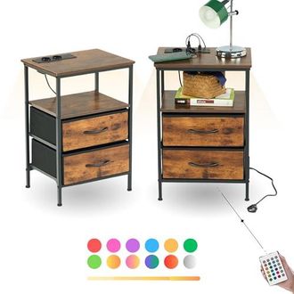 Furniture R Set von 2 Nachttisch mit LED Ladefunktion, Beistelltisch mit 2 Schubladen. 2 AC Ports.2 USB Ports Nachttische, Endtische f&uuml;r Wohnzimmer, Schlafzimmer,