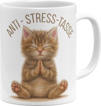 OM3 K&auml;tzchen Anti-Stress Kaffee-Tasse mit Spruch - lustige Keramiktasse Namaste-Motiv - Meditation Katze - Keramik Becher - 325ml - Beidseitig Bedruckt - 