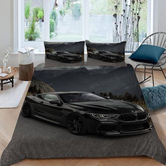 Generic Sportwagen Bettwäsche-Sets,Microfaser Bettwäsche 155X220 + 80X80 Kissenbezug,Schwarzes Auto 3D Bettbezug Mit Reißverschluss Sommer Winter Für Kinder,S