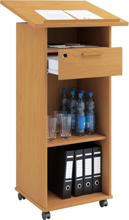 VCM Holz mobiles Rednerpult | Maße ca. H. 108 bis 120 cm x B. 60 cm x T. 50 cm | rollbar mit Schublade | Stehtisch - Melta Buche