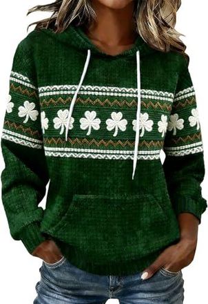 Generic Sweat &agrave; capuche oversiezd pour femme - Pour la Saint-Patrick - En tricot - Motif tr&egrave;fle irlandais - Manches longues - Pull ample - Tr&egrave;fle porte-bonheu