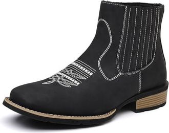 Generic Bottes Cowboy Homme Western Bottines Cheville en Cuir PU Chelsea Slip-on Bout Rond Motif Brod&eacute; R&eacute;tro Classique Ranch Durable Confortable Mode D&eacute;contra
