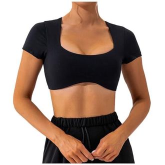Generic Haut court uni pour femme 2025 - Coupe ample - Style sportif - Coupe ample - D&eacute;contract&eacute; - Manches courtes - Demi-chemises occidentales - T-shirts mig