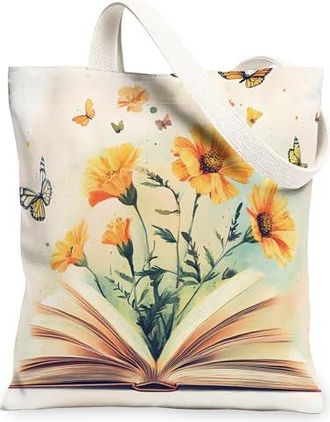 Generic Sac fourre-tout en toile pour le shopping, 33 x 38 cm, motif fleurs et papillons, sac d&eacute;picerie r&eacute;utilisable pour femme, peinture de voyage florale, d