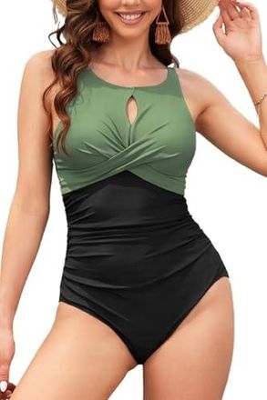 SHEKINI Maillot de Bain Une Pièce pour Femme Wrap Col Haut Bretelles Réglables Maillot de Bain Froncé Devant Bas du Dos Slim Ventre Plat