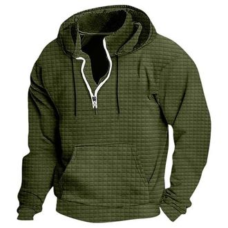 Generic Sweat &agrave; capuche pour homme avec cordon de serrage et fermeture &eacute;clair 1/4 - Pull &agrave; capuche gaufr&eacute; avec poche pour printemps et hiver, Vert noir, XXL