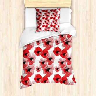 Abakuhaus Blumen Bettbezug Set für Einzelbetten, Mohnblumen Leuchtende Farben, Milbensicher Allergiker geeignet mit Kissenbezug, Vermilion Schwarz Weiß