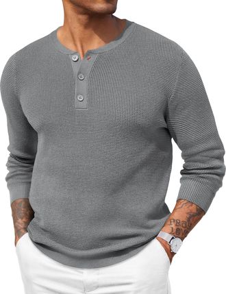 Coofandy Herren Henley Pullover Strickpullover Winterpullover mit Knöpfe Sweater Grobstrickpullover Waffel Pulli Hellgrau XL