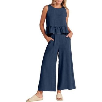 Generic V&ecirc;tements de sport 2 pi&egrave;ces pour femme - Ensemble d&eacute;contract&eacute; &agrave; manches courtes - Haut assorti - Pantalon large - Tenue de d&eacute;tente pour femme - Ensemb