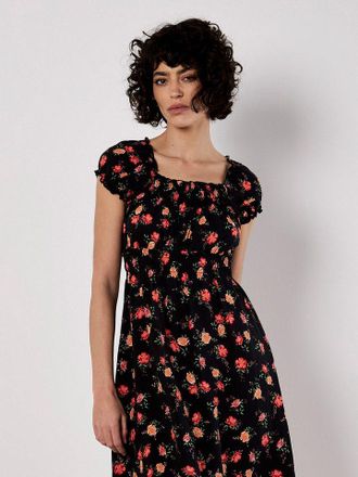 Apricot Midikleid Vintage Rose Milkmaid Midi-Kleid (1-tlg) R&uuml;schen