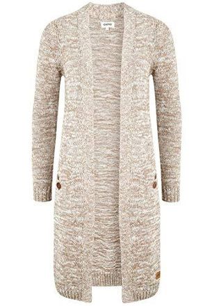 Oxmo OXPhiletta Femme Veste Longue en Tricot Cardigan en Maille &eacute;paisse Poches plaqu&eacute;es 100% Coton Regular Fit, Taille:L, Couleur:Dune (795409)