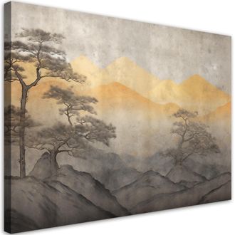 Feeby Bilder B&auml;ume Japan Sonne 90x60 cm 1 tlg Modern Leinwandbilder Bild auf Leinwand Kunstdruck Wand Bild Wanddeko Design Schlafzimmer B&uuml;ro Flur Hotel Spa 
