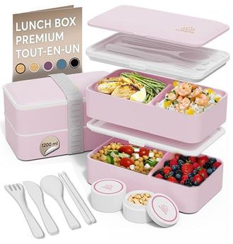 Umami Bento Lunch Box, Couverts & 2 Pots à Sauce Inclus, Boîte à Lunch Étanche, Lunchbox Adulte, Micro-Ondable Boîte Repas Compartimentée, Rose Kawaii, 1200