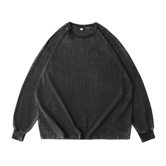 Generic T-shirt pour homme en pur coton couleur unie ample &agrave; manches longues col rond avec base, sweat &agrave; capuche fin, Noir, 3XL