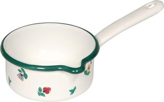 Riess 0036-049, Stielkasserolle mit großem Ausguss 14, COUNTRY - GMUNDNER STREUBLUMEN, Durchmesser 14 cm, Höhe 6.7 cm, Inhalt 0.75 Liter, Emaille, weiß mit 