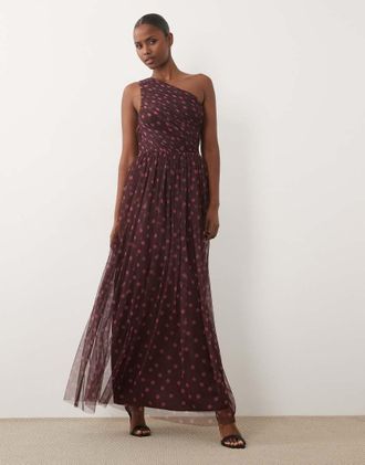 Lace & Beads robe longue en tulle &agrave; une &eacute;paule &agrave; pois rose et violet-Multi