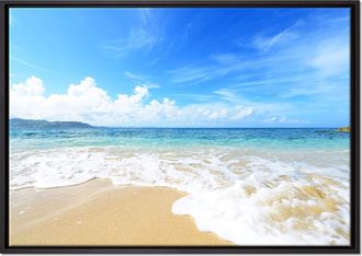 Pixxprint Strand bei Sonnenuntergang Leinwandbild 100x70 cm im Bilderahmen, Wandbild, Schattenfugenrahmen, Kein Poster