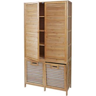 Hhg Bambus Badezimmerschrank 595, Regal Badregal Badschrank Schrank, 2 W&auml;schek&ouml;rbe 2 T&uuml;ren mvg 168x82x34cm