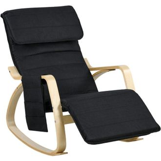 HOMCOM Homcom - Fauteuil &agrave; bascule - fauteuil relax repose-pied r&eacute;glable, poche rangement, t&eacute;ti&egrave;re - bois tissu noir