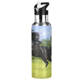 Mnsruu Schwarzes Friesen-Pferd auf der Wiese Trinkflasche Wasserflasche Thermosflasche mit Strohhalm Deckel für Jungen Mädchen, 600 ml, auslaufsichere Edelst