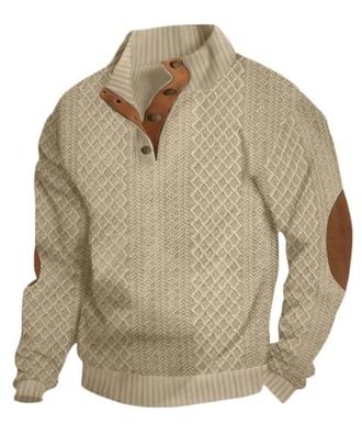 Generic Pull en tricot torsad&eacute; pour homme - Manches longues - Col montant - Fermeture &eacute;clair 1/4 - Avec coudes, kaki, 5XL