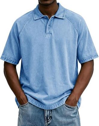 Generic Polo vieilli &agrave; manches courtes en coton d&eacute;lav&eacute; pour homme, pull vintage &agrave; col &agrave; revers, haut de sport l&eacute;ger &eacute;vacuant lhumidit&eacute;, pour la course &agrave; pied,