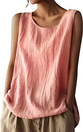 Onsoyours Femme T-Shirts à sans Manches en Coton Lin Chemise Chic Simple Haut Tops Chic Chemise Slim Décontracté Couleur Unie Pas Cher Mode Camisole Tops F Rose