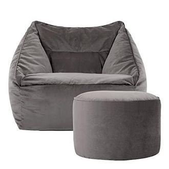 Icon Brand Natalia Sitzsack Sessel mit Sitzpuff f&uuml;r Erwachsene, Dunkelgrau, Flauschiger Samtstoff, Riesen Sitzsack Samt mit F&uuml;llung, Bean Bag Chair, Bequemer Ses