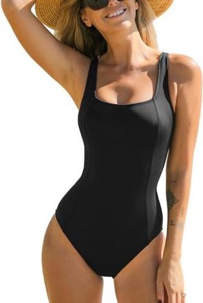 Cupshe Maillot de bain une pièce pour femme, bretelles réglables, col carré, contrôle du ventre, amincissant, entrecroisé dans le dos, noir, Taille XS