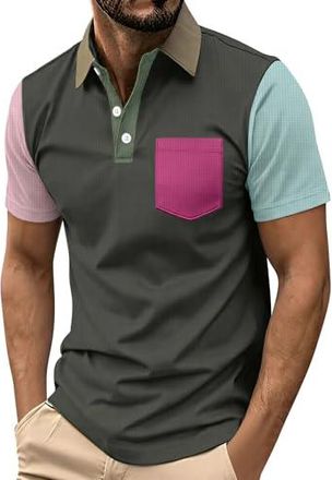 Generic Polo de couleur contrast&eacute;e pour homme avec demi bouton - Manches courtes - Style d&eacute;contract&eacute; - Col polo surdimensionn&eacute; - Confortable - Respirant - Pou