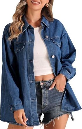 Allegra K Veste en Jean Femmes Blouson en Denim Col Boutonn&eacute; Manches Longues D&eacute;contract&eacute;es Chemisier Long Coupe Ample Bleu XS