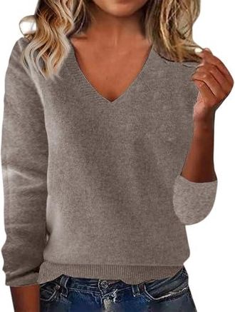 Generic Pull chaud &agrave; col en V et manches longues uni et confortable en laine m&eacute;lang&eacute;e l&eacute;g&egrave;re et douce pour lhiver, Camel fonc&eacute;, XXL