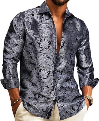 Barry.Wang Chemise habill&eacute;e pour homme en soie cachemire &agrave; manches longues boutonn&eacute;e grande et grande chemise tendance loisirs f&ecirc;te de mariage bal, noir/blanc, X
